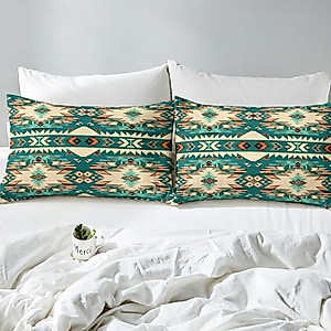 Feelyou Green Southwestern Bedding Set King Size Geometric Comforter Cover Set Tribal Native American Design Western Decor Duvet Cover Stripe Line Bedspread Cover Room Decor Quilt Cover(No Comforter)