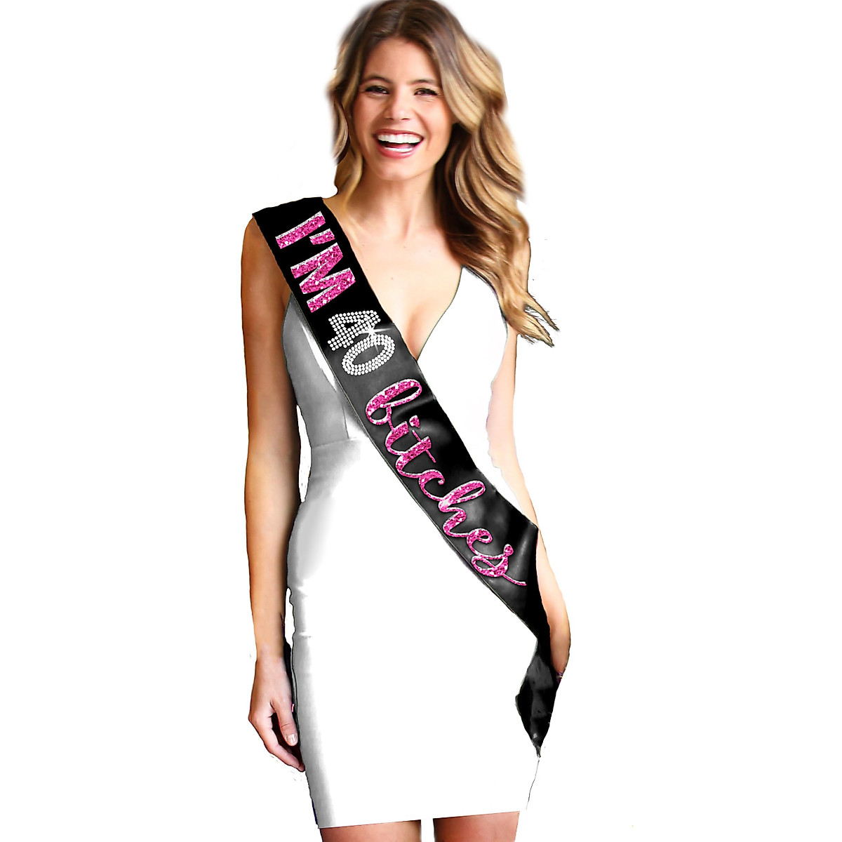 40th Birthday Decorations - Premium GRADE SATIN Hot Pink Glitter with Rhinestones I'm 40 Bitches Premium Satin Sash - Birthday Gifts - Black Sash(Im40Btchs HP) BLK