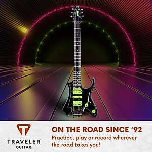 Traveler Guitar Vaibrant V88X Deluxe Electric Guitar for Travel | Small Guitar with Compact Headstock Shape | Full 25.5” Scale Travel Guitar | Portable Mini Guitar with Custom Gig Bag, Cosmic Black