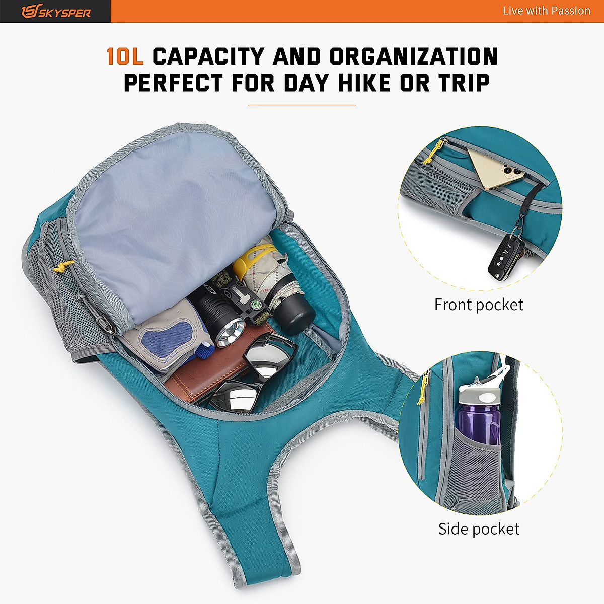 SKYSPER Small Daypack 10L Hiking Backpack Packable Lightweight Travel Day Pack for Women Men(Cyan)