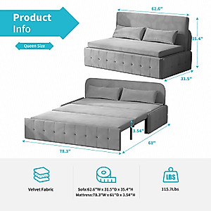 CECER Queen Size Pull Out Sofa Bed, Guest Couch Bed with 2 Pillows, Velvet Convertible Sleeper Sofa with Foldable Mattress, 3 in 1 Armless Loveseat Bed for Living Room，Small Space(Light Grey)