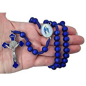 TALISMAN4U Deep Blue Rosary Beads Catholic Prayer Necklace with Saint Benedict Crucifix Our Lady of Grace Medal Religious Gift Rosary Pouch