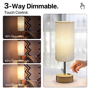 KPQ 【Upgraded】 Bedside Lamp Touch Control Table Lamp with USB A+C Charging Ports & AC Outlet 3-Way Dimmable Nightstand Lamp with Linen Fabric Shade for Bedroom Living Room(E26 Light Bulb Included)