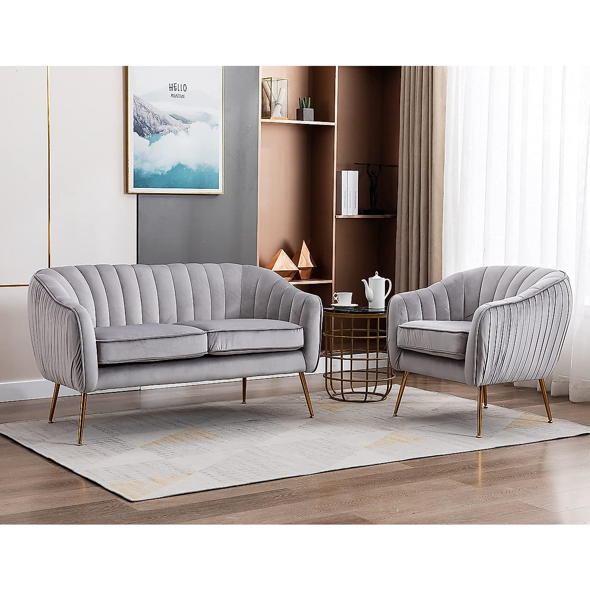 Artechworks Contemporary Tufted Velvet Tub Barrel Loveseat Sofa Chair Upholstered Couch with Golden Metal Legs Club Two-Seat Sofa for Living Reading Room Bedroom Apartment Small Space Dorm, Grey