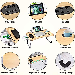 Slendor Laptop Desk Laptop Bed Stand Foldable Laptop Table Folding Breakfast Tray Portable Lap Standing Desk Reading and Writing Holder with Drawer for Bed Couch Sofa Floor