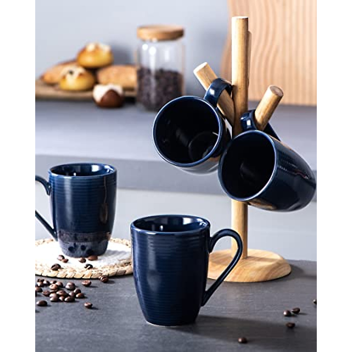 HENXFEN LEAD Coffee Mugs Set of 4-12 Oz Ceramic Coffee Cup with Large Handle for Tea, Milk, Latte and Cocoa, Christmas Mug Gift with Texture Design for Men & Women Microwave Safe, Dark Blue