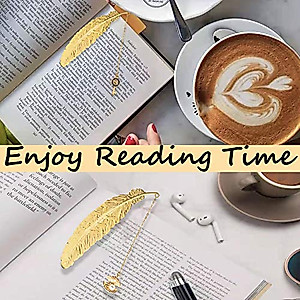 4 Pieces Metal Feather Bookmarks Pendant Bookmark Gold Retro Book Page Markers,Perfect Gift for Reader,Women,Kids,Students, Teachers,Friends and Book Lovers(Key,Sea Shell,Treasure,Clock）
