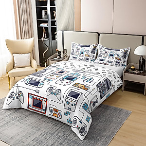 100% Cotton Gamer Bedding Sets for Boys,Gaming Duvet Cover Set Full Size,Boys Video Games Comforter Cover,Gamepad Designs Bed Set for Teen Boys Bedroom,Joystick Controller,3 Pcs with 2 Pillow Shams