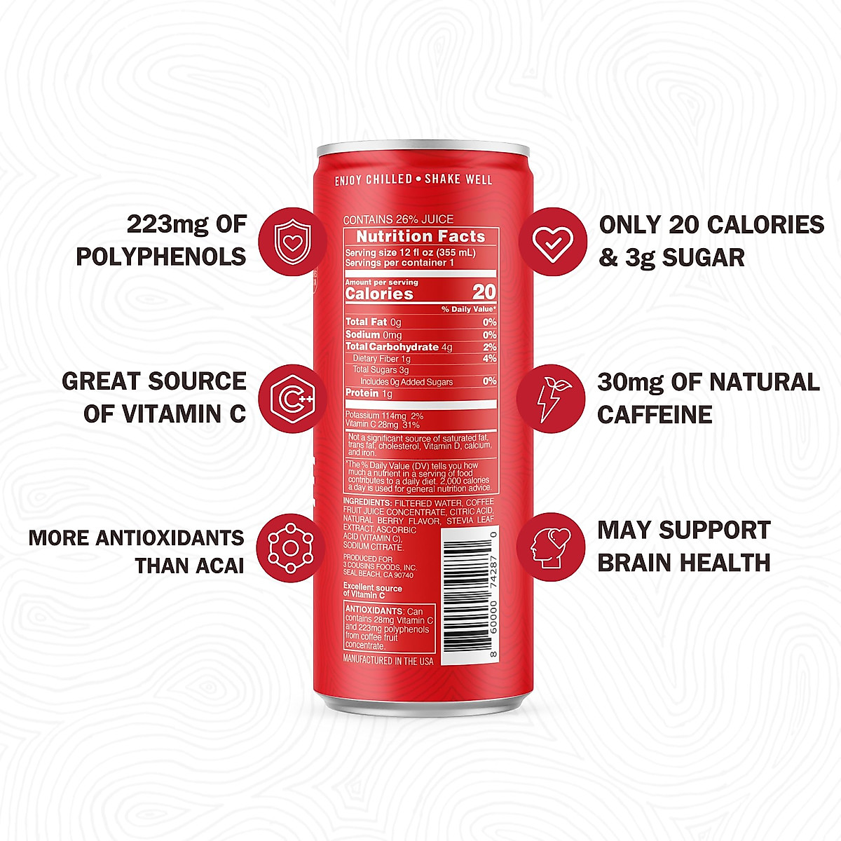 The Other Side of Coffee – Upcycled Coffee Fruit Juice Drink, Non-Carbonated, Antioxidant Rich, Low Caffeine (30mg), Low Calorie, Low Sugar, 100% Natural, 12 Fl Oz, Berry Flavor (Pack of 12)