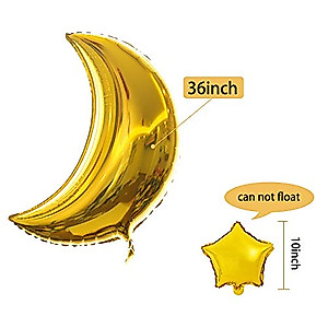 SBYURE 4 Pack 36" Large Moon Foil Balloons and 12 Pack 10" Gold Foil Star Balloons Mylar Balloon for Party Decoration Baby Shower Birthday Party Celebration,Gold,16 Pieces