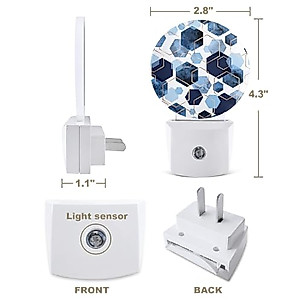 ILYBEEN Modern Geometric Seamless Art LED Night Lights Plug-in Nightlight with Auto Dusk to Dawn Sensor,Blue Gold Hexagon on White Round Lamp for Bedroom,Hallway,Bathroom