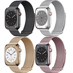 MYAPULUA Magnetic Loop Band for Apple Watch Series 9/ultra 2/SE 2nd/8/ultra/7/SE/6/5/4/3/2/1, 38mm-49mm, Stainless Steel, Mesh Loop, 4 Pack