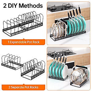 MUDEELA Expandable Pots and Pans Organizer Rack under Cabinet, Pots Lid Organizer Rack for Kitchen Cabinet Organizers and Storage with 12 Adjustable Dividers and Anti-scratch Strip