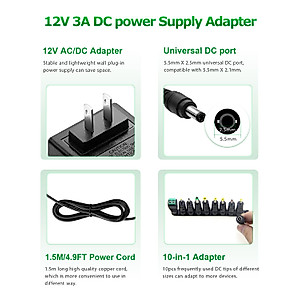 Arkare 12V 3A Power Supply Adapter 36W ac/dc Charger AC 100V-240V to DC 12Volt 3amp Power Cord 12V 2.5A 2A 1.5A 1A 800mA 500mA for Security Camera BT Speaker GPS Webcam Microphone Receiver with 10TIPS