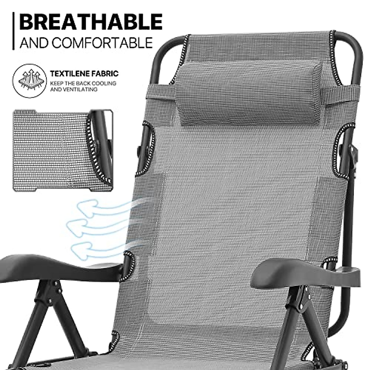 MoNiBloom Outdoor Lounge Chair Set of 2 Reclining Patio Lounger Chair, Folding Portable Chaise with Headrest, Adjustable Reclining Lawn Chair for Patio Beach Yard, 330lbs Capacity