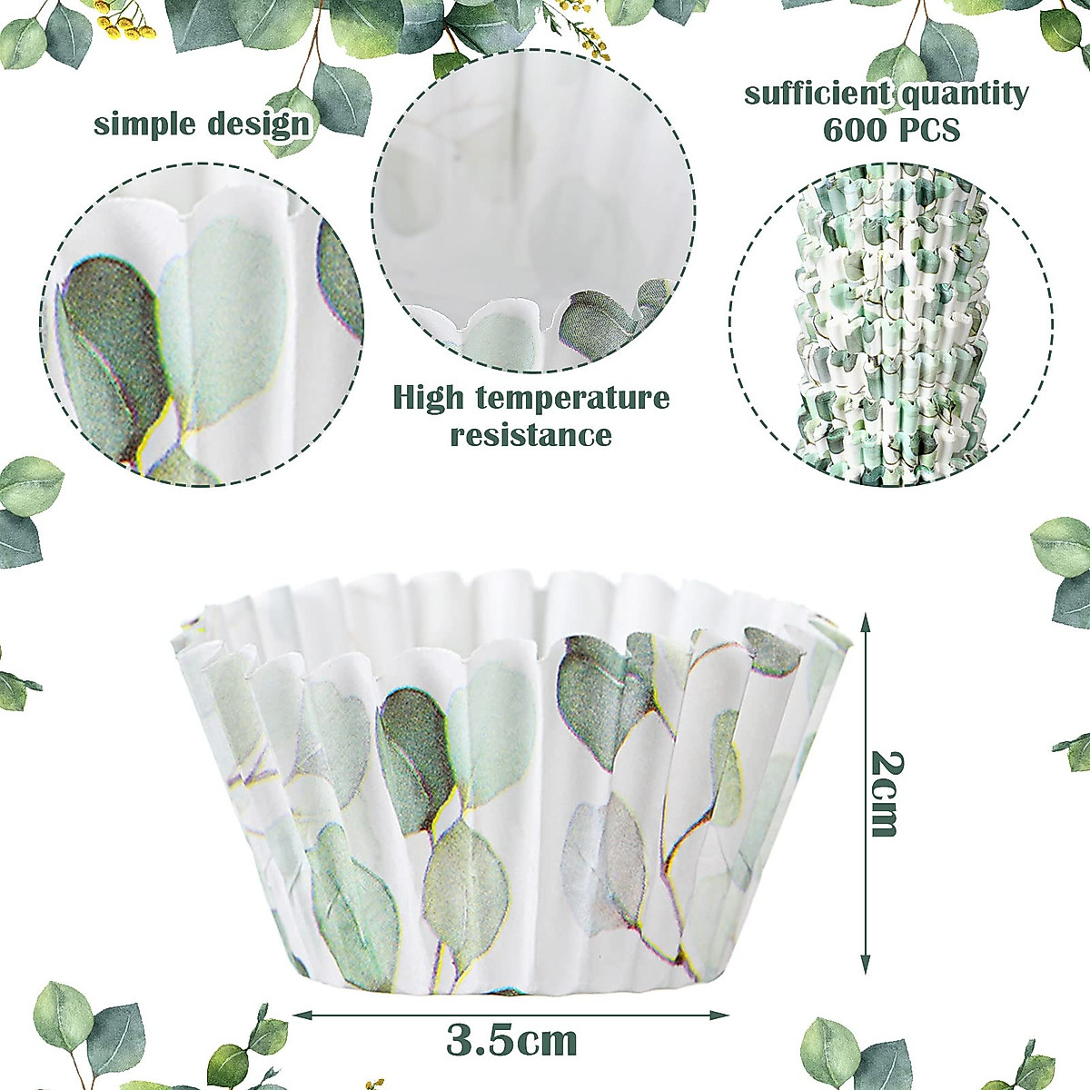 600 count Green Mini Cupcake Wrappers Liners for Baking Greenery Eucalyptus Cupcake Liners Mini Baby Shower Cupcake Baking Rustic Birthday Party Decoration for Bridal Shower Wedding Festival Decor