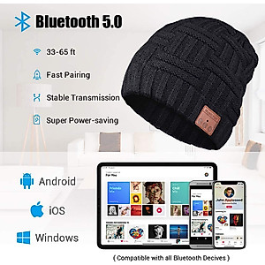 Bluetooth Beanie, V5.0 Bluetooth Hat, Wireless Earphone Beanie Headphones, with HD Stereo Speakers Built-in Microphone, Mens Gifts, Christmas Electronic Gifts for Men/Women Black