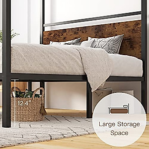 ikalido Queen Size Metal Canopy Bed Frame with Wooden Headboard, Classic Design Canopy Bed with 4 Sturdy Posters, Noise Free/No Box Spring Needed/Rustic Brown