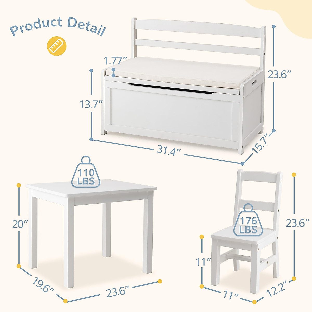 Curipper Rubberwood Kids Table and 2 Chairs Set - White & Rubberwood Kids Toy Box Chest - White