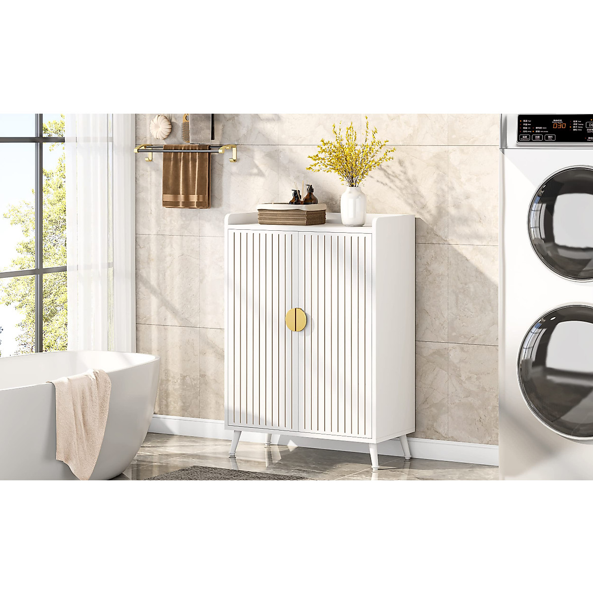 Shoe Cabinet with Doors, Shoe Storage Cabinet with Adjustable Shelves,Wooden Shoe Storage Organizer for Entryway, Living Room,Hallway, Closet, White&Gold