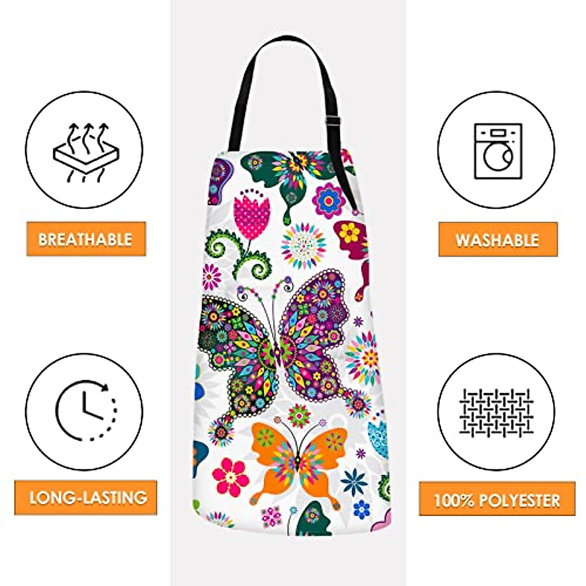 Britimes Apron Home Kitchen Cooking Baking Gardening for Women Men With Pockets Floral Colorful Butterflies Flowers Romantic 32x28 inch