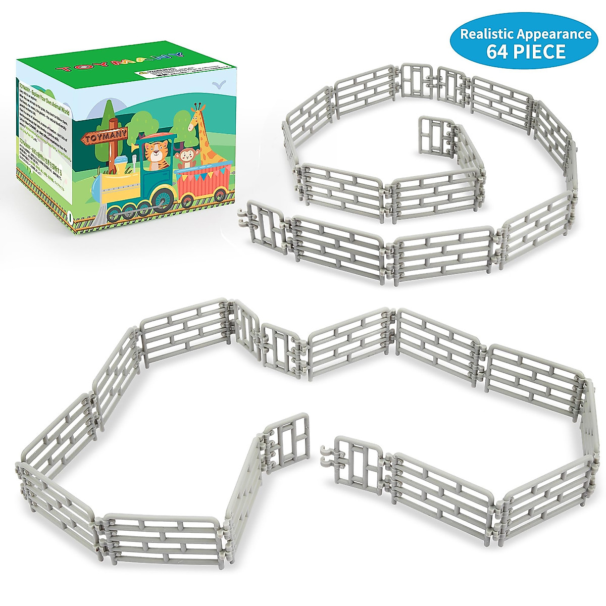 Toymany 64PCS Mini Toys Fence for Farm Animals - Tiny Horse Corral Plastic Fencing for Farm Barn Paddock Horses Figurines for Kids Toddlers