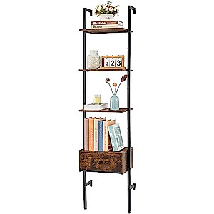 Tajsoon Ladder Shelf, Tall Bookcase with Storage Drawers, 4-Tier Wood Wall Mounted Bookshelf, Open Display Rack, Storage Shelves for Bedroom, Home Office, Collection, Plant Flower, Rustic Brown