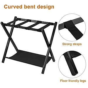 Heybly Luggage Rack Steel Folding Suitcase Stand with Storage Shelf for Guest Room Bedroom Hotel (Black, 2)