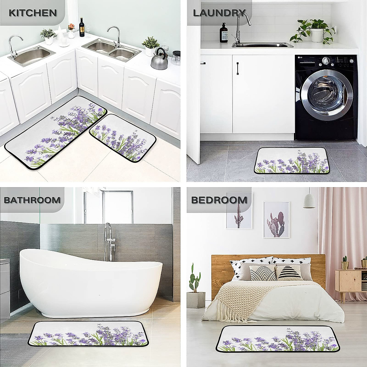 ALAZA Lavender Flower Watercolor 2 Piece Kitchen Rug Floor Mat Set Runner Rugs Non-Slip for Kitchen Laundry Office 20" x 28" + 20" x 48"