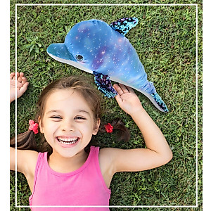 DolliBu Dolphin Space Sequin Plush - Dolphin Stuffed Animal Reversible Sequin Plush, Space-Themed Cute Stuffed Animals for Girls and Boys, Perfect Reversible Plush Dolphin for Room Décor - 12 Inches