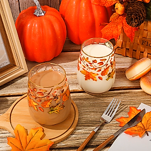 Whaline 2Pcs Fall Stemless Wine Glasses 17oz Maple Leaf Drinking Glasses with Gold Rim Autumn Leaves Tumbler Cups for Party Supplies Gifts