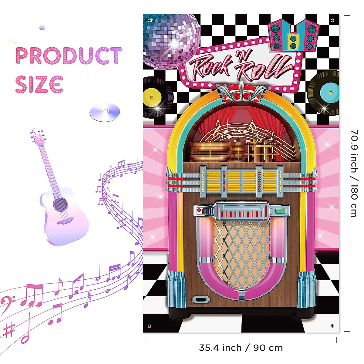 Nuenen 50's Sock Hop Party Decorations Banner Jukebox Party Decor Backdrop Cloth Juke Box Cutout Rock 'n Roll Door Cover for 1950's Theme Birthday Party Supplies, 71 x 35.4