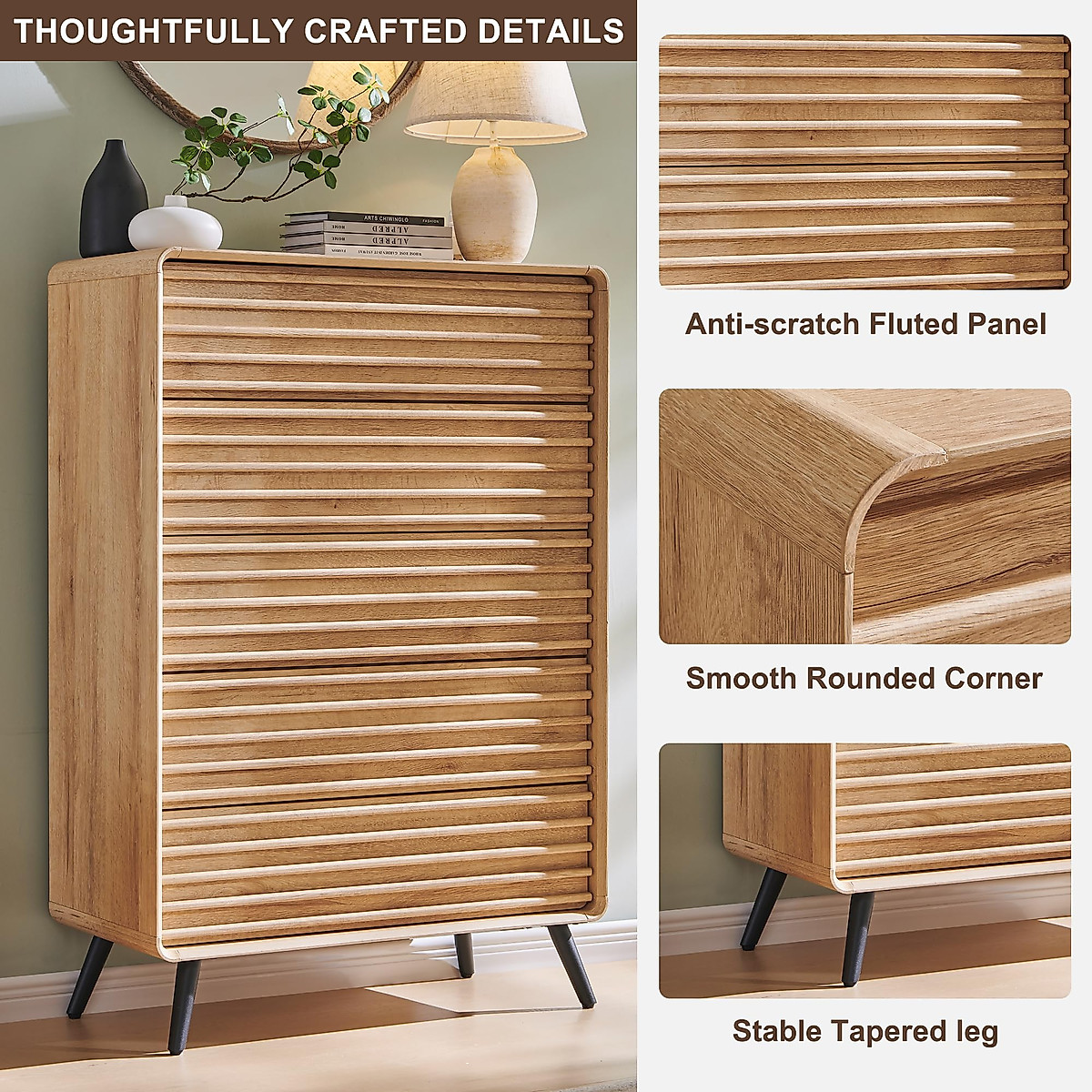 RedLemon 5 Drawers Dresser for Bedroom, 48'' Tall Mid Century Modern Wood Fluted Dresser for Bedroom, Living Room (Natural Oak)