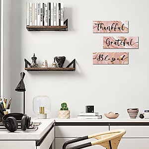 3 Pieces Funny Rustic Wooden Art Wall Hangings Set, Thankful Grateful Blessed, Pink Gold Marble Style Wood Signs 12 X 4 Inches for Home, Living Room, Bedroom, Office, Cafe, Hotel Wall Decor