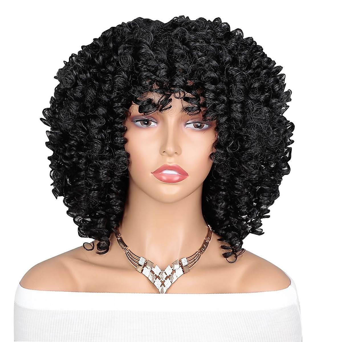 AISI HAIR Curly Afro Wig with Bangs Shoulder Length Wigs Curly Black Wig Afro Kinkys Curly Hair Wigs Synthetic Wig Curly Full Wig for Black Women (Black)…