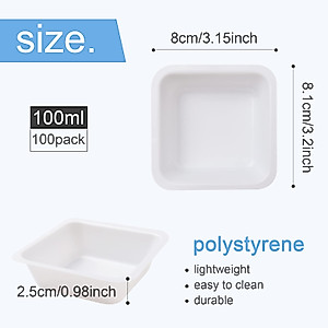 Yzzsjc Square Weigh Boats Medium - 100 Pac 100ml Plastic Disposable Trays for Scale,Easy Pour Design,Square Lab Weighing Dishes for Measuring,Storing, Mixing Powders,Liquids
