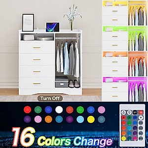 Wooden Dresser for Bedroom with Clothing Rack, White 4 Drawers Dresser with Charging Station and LED Lights, Tall Clothes Dresser for Small Space Hallway Closet