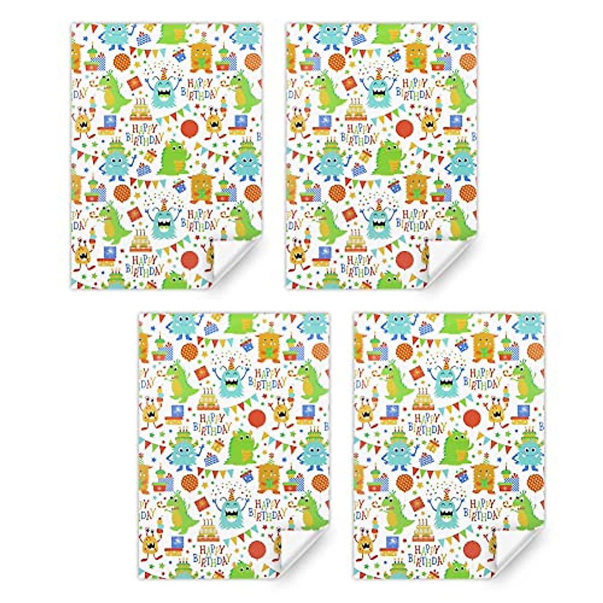 Happy Birthday Little Monsters Wrapping Paper Set of 4 Sheets Folded Flat 20x28 inches Per Sheet For Boys Kids Girls Men Women, Colorful Gift Wrap Paper For all Birthday Party Baby Shower Kindergarten Celebrating Occasions