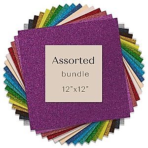 IRON-ON HTV Glitter Heat Transfer Vinyl Bundle 12" x 12" 16 Assorted Colors Sheets 16 Pack Iron on Vinyl for Shirts DIY Desing