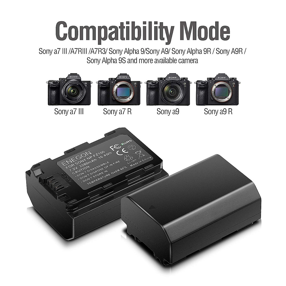 ENEGON NP-FZ100 Battery Replacement and A7iii Battery Charger for Sony A7 III, Sony Alpha A7R III, A7R IV, A9, A6600, Alpha 9, Alpha 9S, A9S, A7III, A7R3, A7S III, A7R4 Camera Batteries, 2 Packs