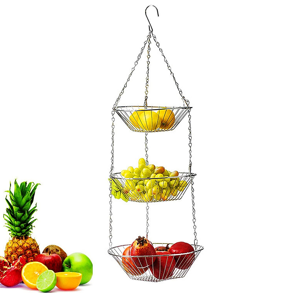 YYTONG 3 Tier Fruit Basket Hanging Heavy Duty Metal Fruit Baskets Bowl Vegetable Organizer for Kitchen, Detachable Vegetable Storage Fruit Stand Holder, Countertop Space Saver (Silver)