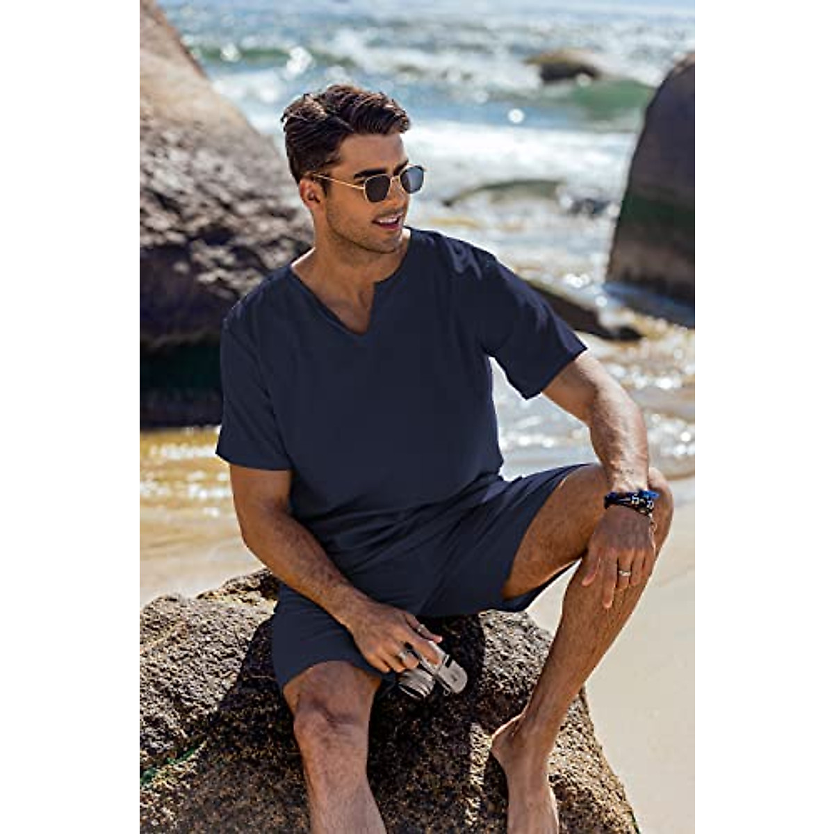COOFANDY Men's 2 Pieces Short Sets Cotton Henley Shirts Short Sleeve Casual Beach Shorts Summer Yoga Outfits