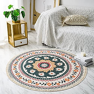 Miiciuib Boho Round Rugs, 3'x3' Round Bohemian Mandala Tassels Decor Carpet Woven Circle Mat for Kitchen Living Room Bedroom Bathroom