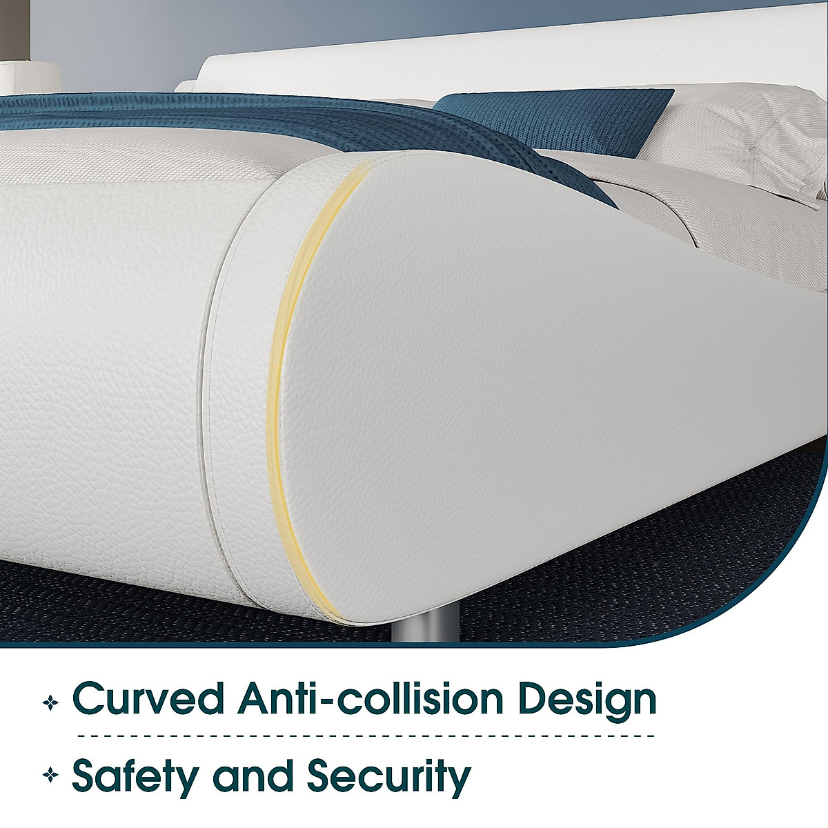 WEEWAY Modern Queen Size Upholstered Platform Bed Frame, Faux Leather Sleigh Bed with Adjustable Headboard, Strong Wood Slats Support, No Box Spring Needed, White