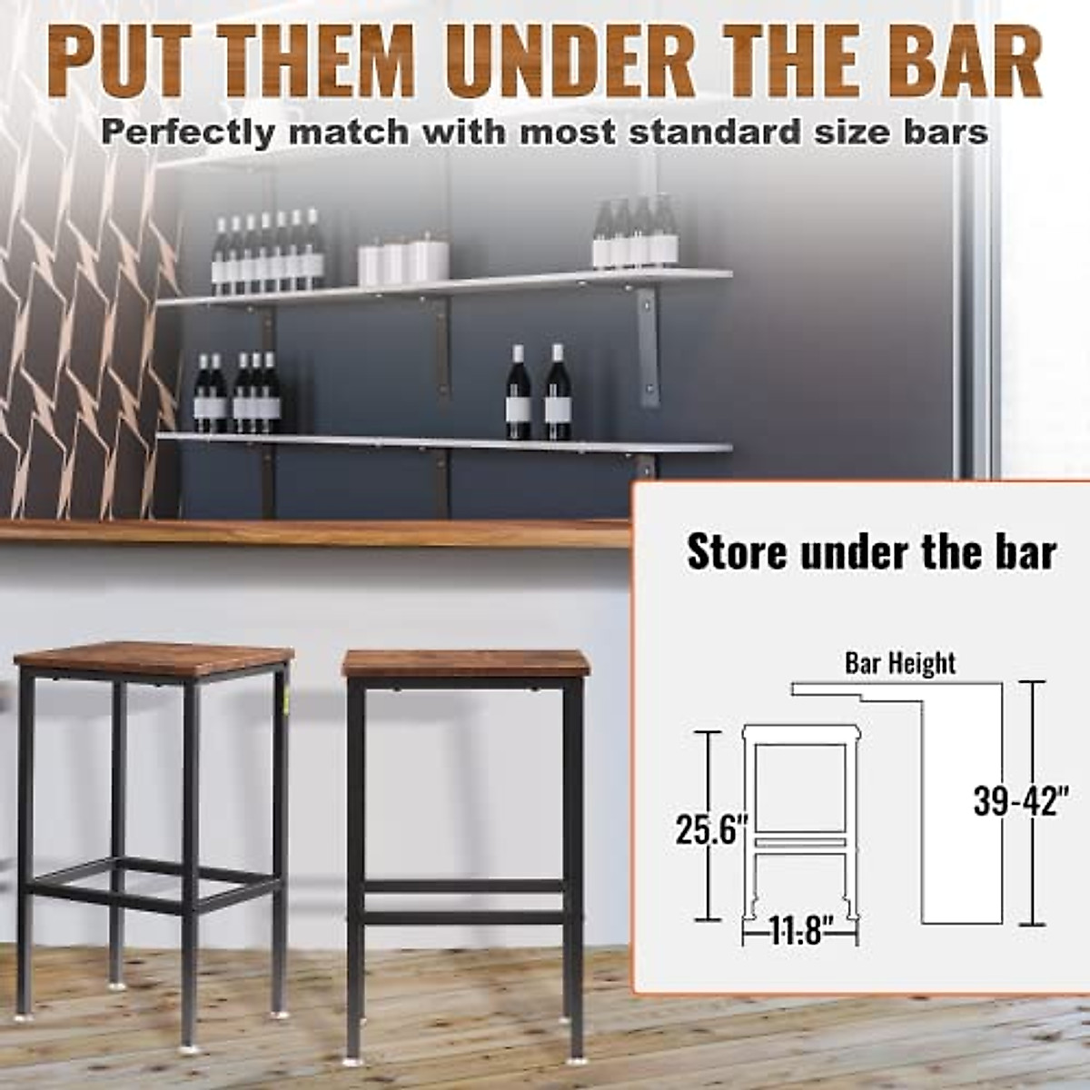 VEVOR Rustic Bar Stools, 25.6” Tall Rectangle Seat, Set of 2 Bar Chairs with Footrest Steel Frame Adjustable Feet, Wooden Industrial Kitchen Stool for Kitchen Dining Living Room, Rustic Brown