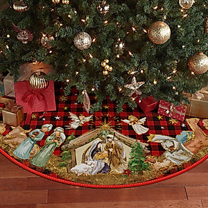 AVOIN colorlife Buffalo Plaid Nativity Christmas Tree Skirt 48 Inch, Jesus Christian Winter Holiday Tree Mat Decoration
