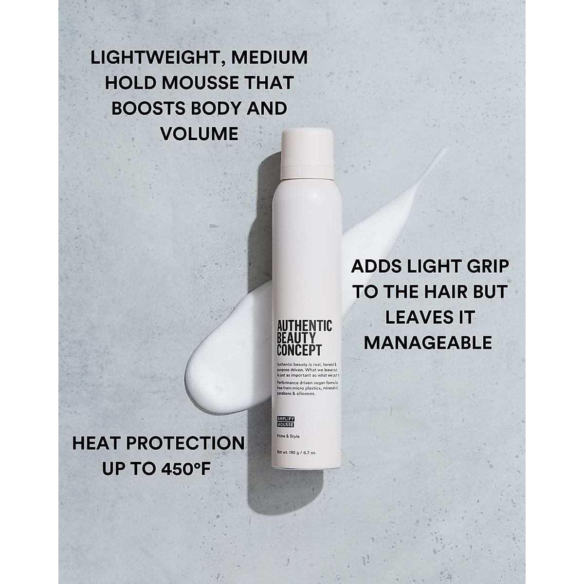Authentic Beauty Concept Amplify Mousse | Volumizing Mousse | Lightweight Medium Hold Styling | Heat Protection | All Hair Types | Vegan & Cruelty-free | Silicone-free | 6.7 oz