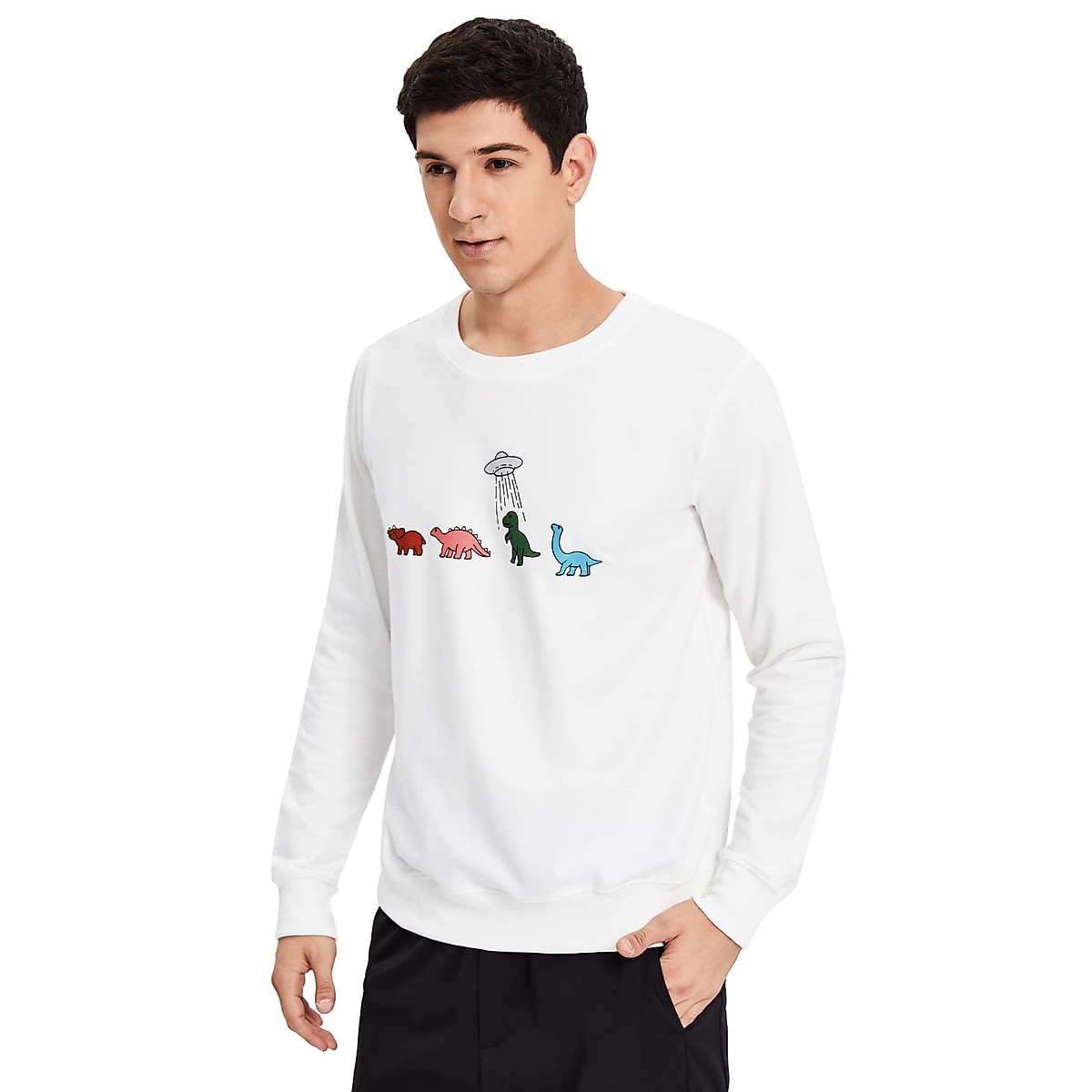 WDIRARA Men's Cartoon Dinosaur Graphic Print Long Sleeve Round Neck Sweatshirt White M