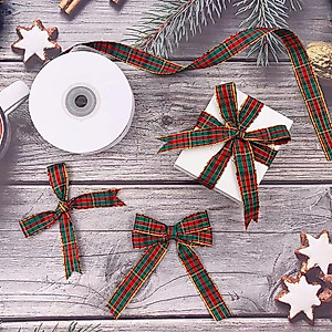 5/8" Christmas Ribbons Xmas Plaid Ribbons Craft Ribbon Checked Ribbon Bows Wrapping Ribbons with Measuring Tape for Christmas Party Decoration (25 Yards)