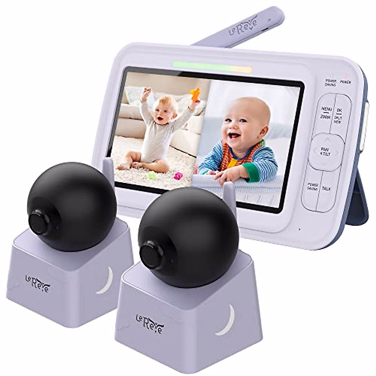 LEREVE 5" HD Low EMF Baby Monitor, Auto Noise Reduce, 2 Remote Pan Tilt Cameras, Lullaby, 2-Way Audio, ECO with Auto Voice Activation, Model: LeMove 60